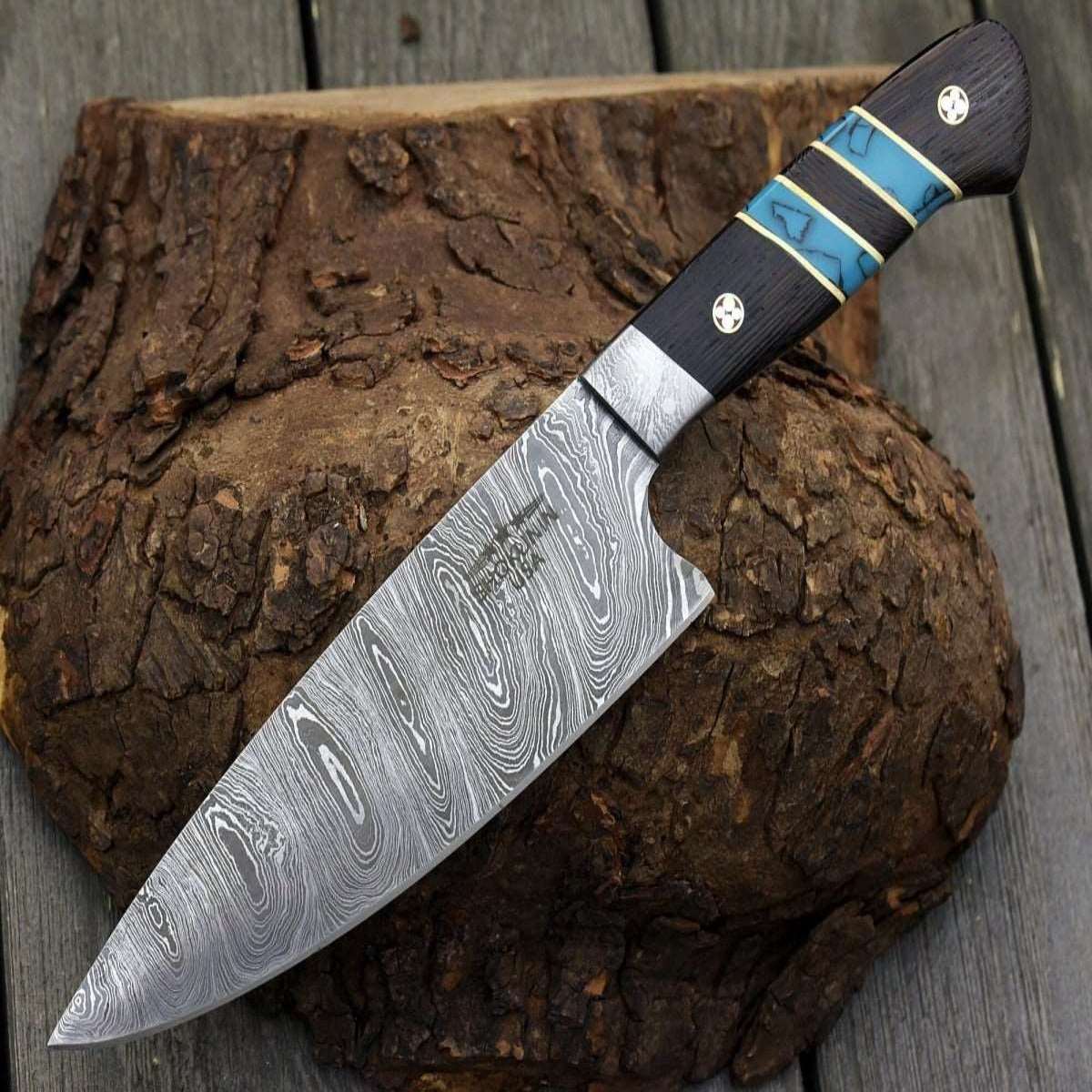 Epicurian Damascus Chef Knife with Exotic Wenge Wood & Turquoise Handle ...